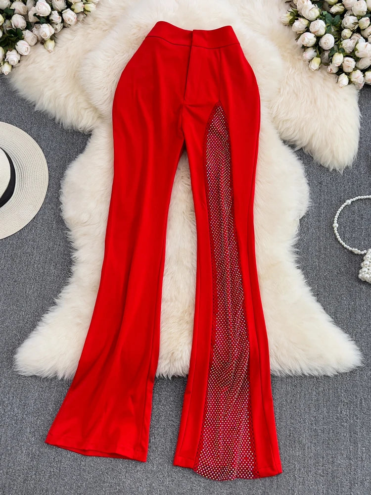 Red Flare Pants With Mesh Side Panels on Luulla