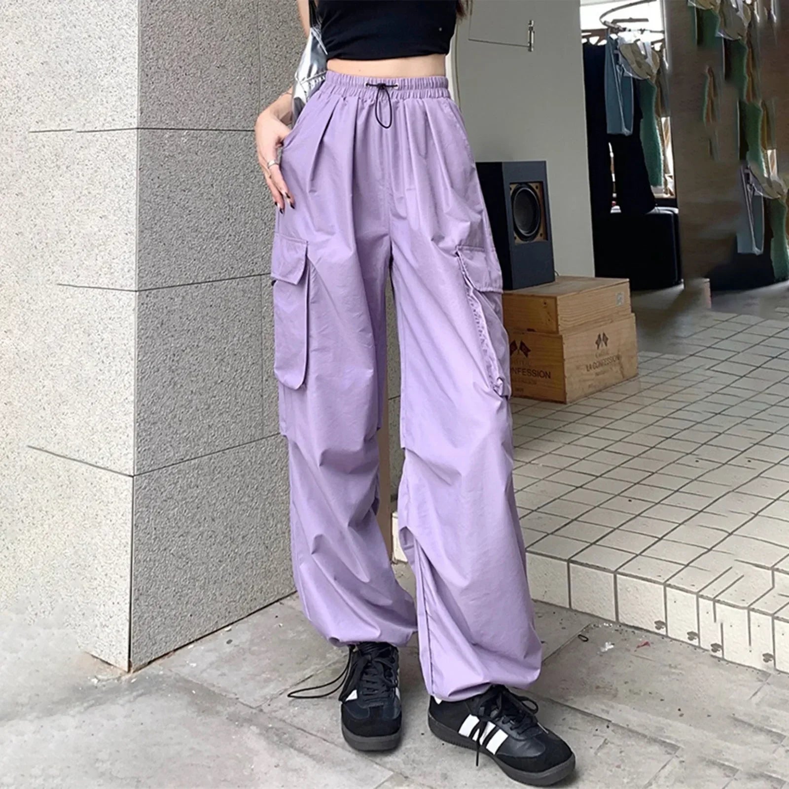 Purple High-waisted Cargo Pants For Women on Luulla
