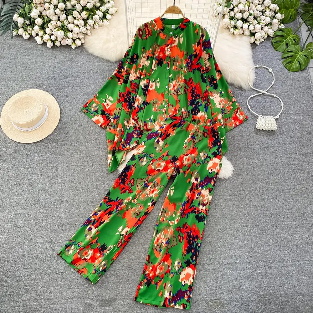 Vibrant Floral Kimono Set With Matching Pants on Luulla