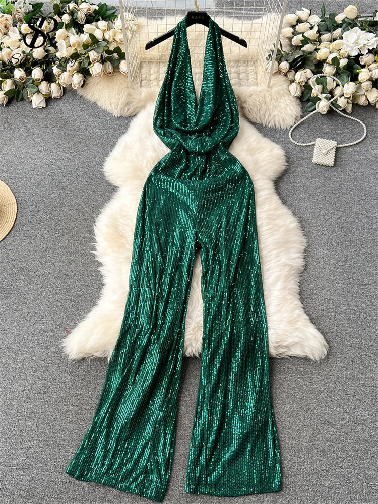 Sparkling Green Sequin Jumpsuit With Wide Legs on Luulla