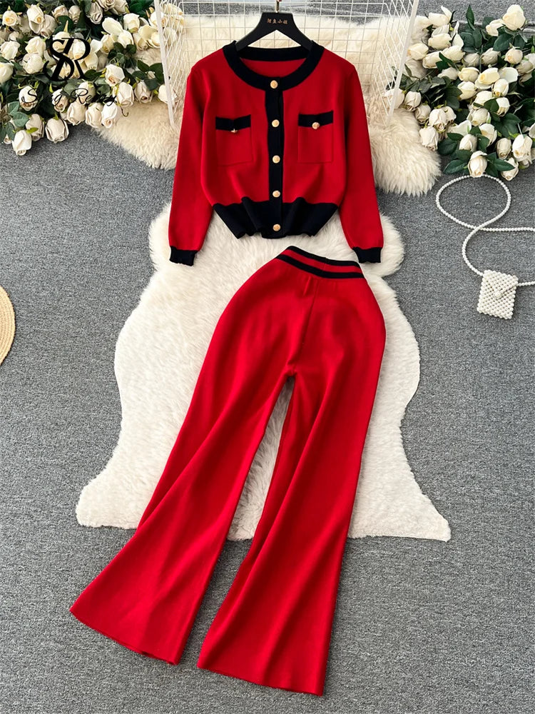Cozy Red Knit Cardigan And Pants Set on Luulla
