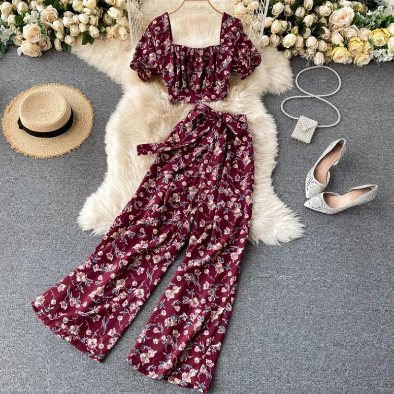 Floral Two-piece Off-shoulder Jumpsuit With Belt on Luulla