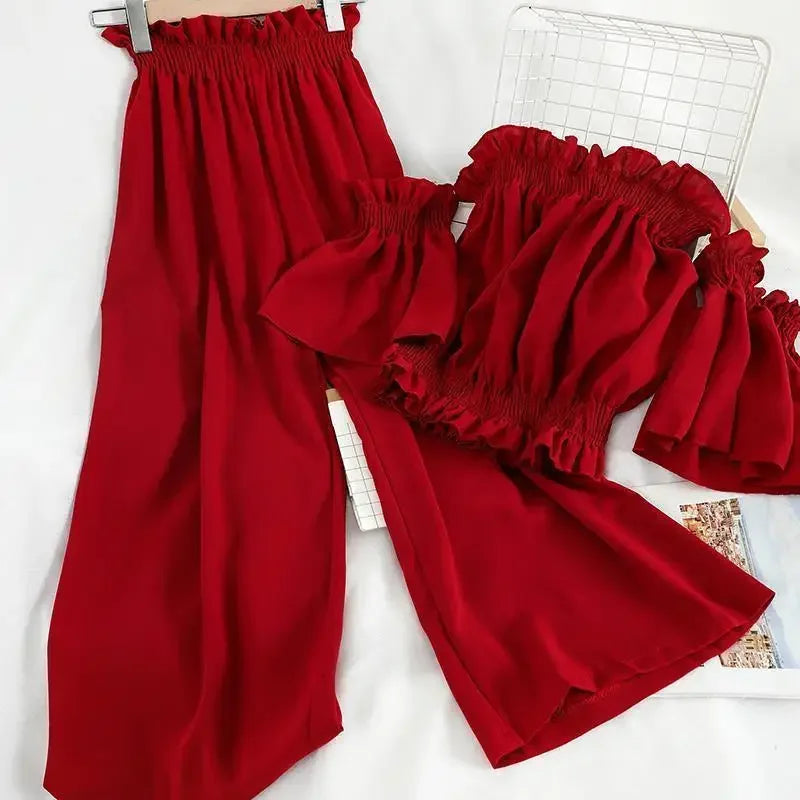 Womens Red Off-shoulder Ruffle Two-piece Set on Luulla