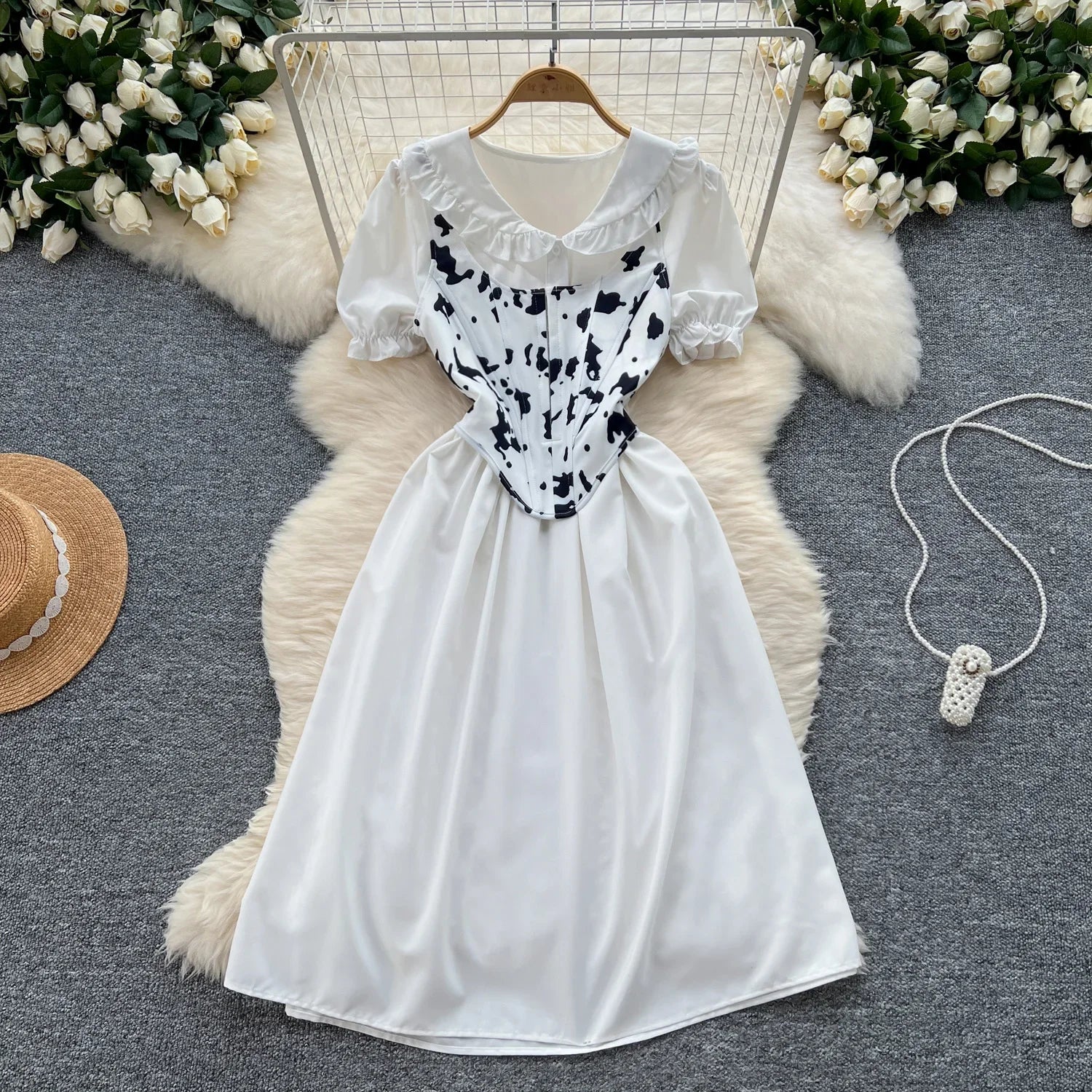 Vintage Cow Print Puff Sleeve Midi Dress on Luulla