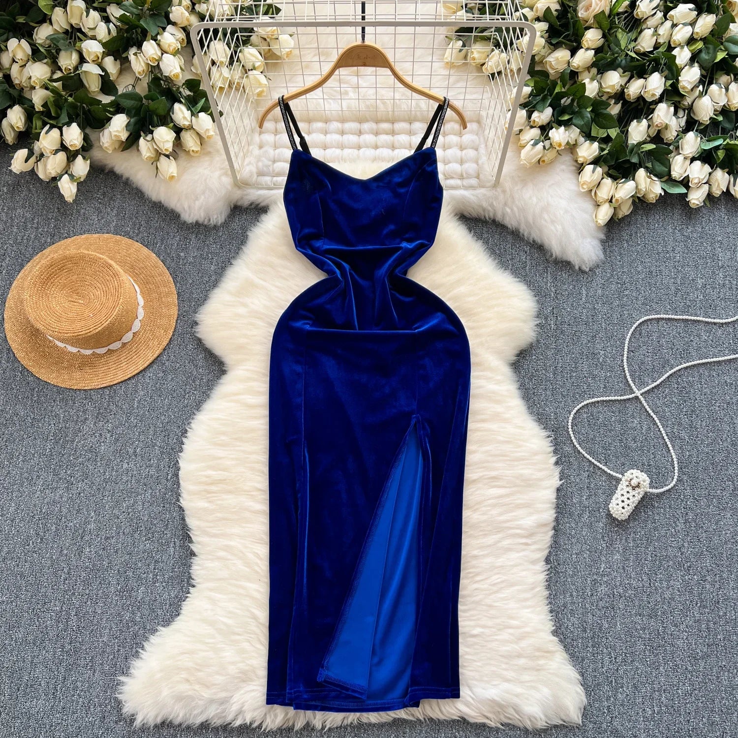 Stunning Blue Velvet Evening Dress With Straps on Luulla