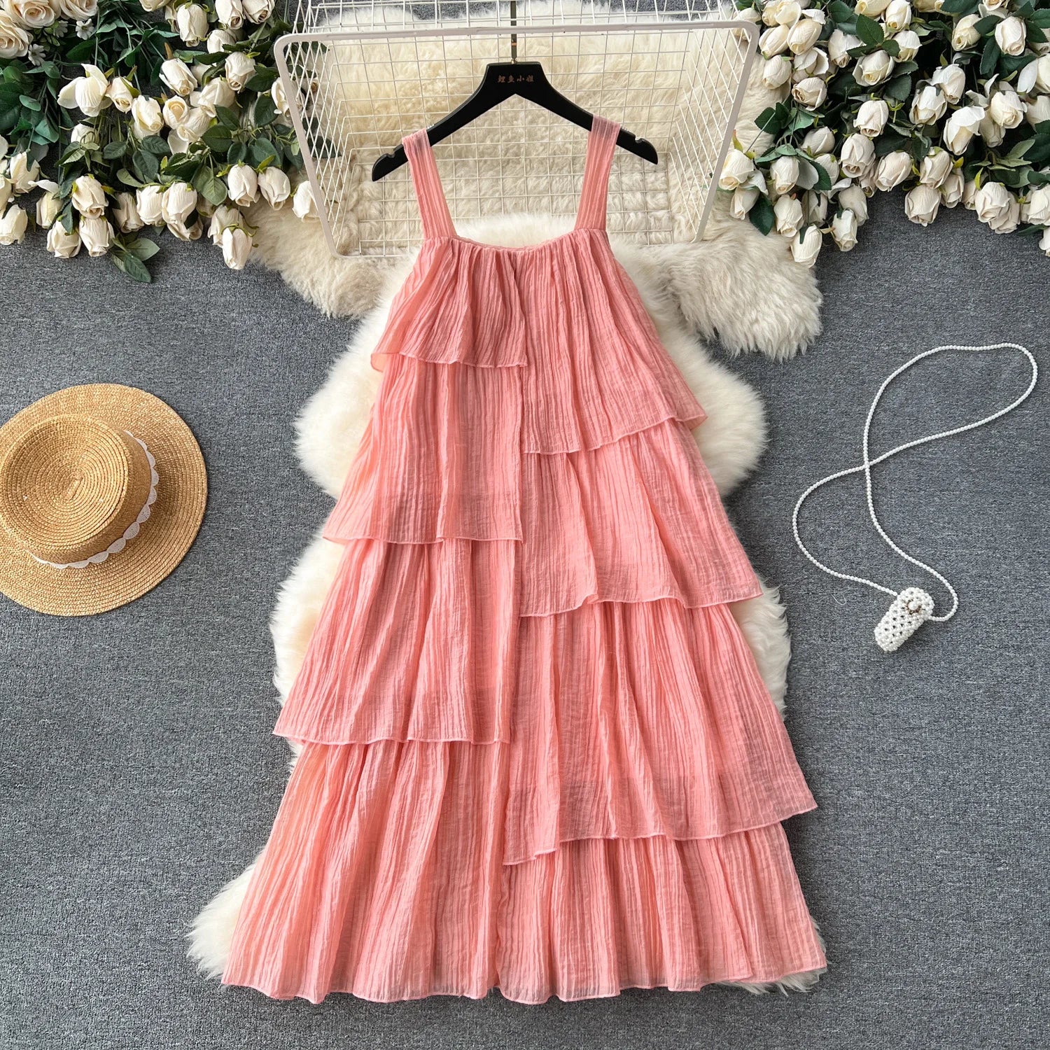Pink Tiered Ruffled Maxi Dress With Straps on Luulla