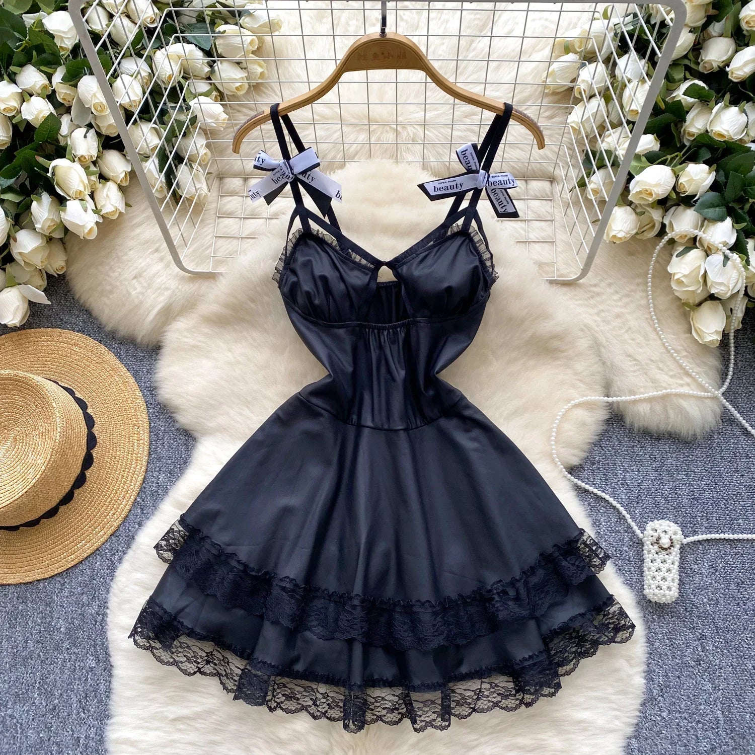 Black Satin Lace Nightwear Dress With Ribbons on Luulla