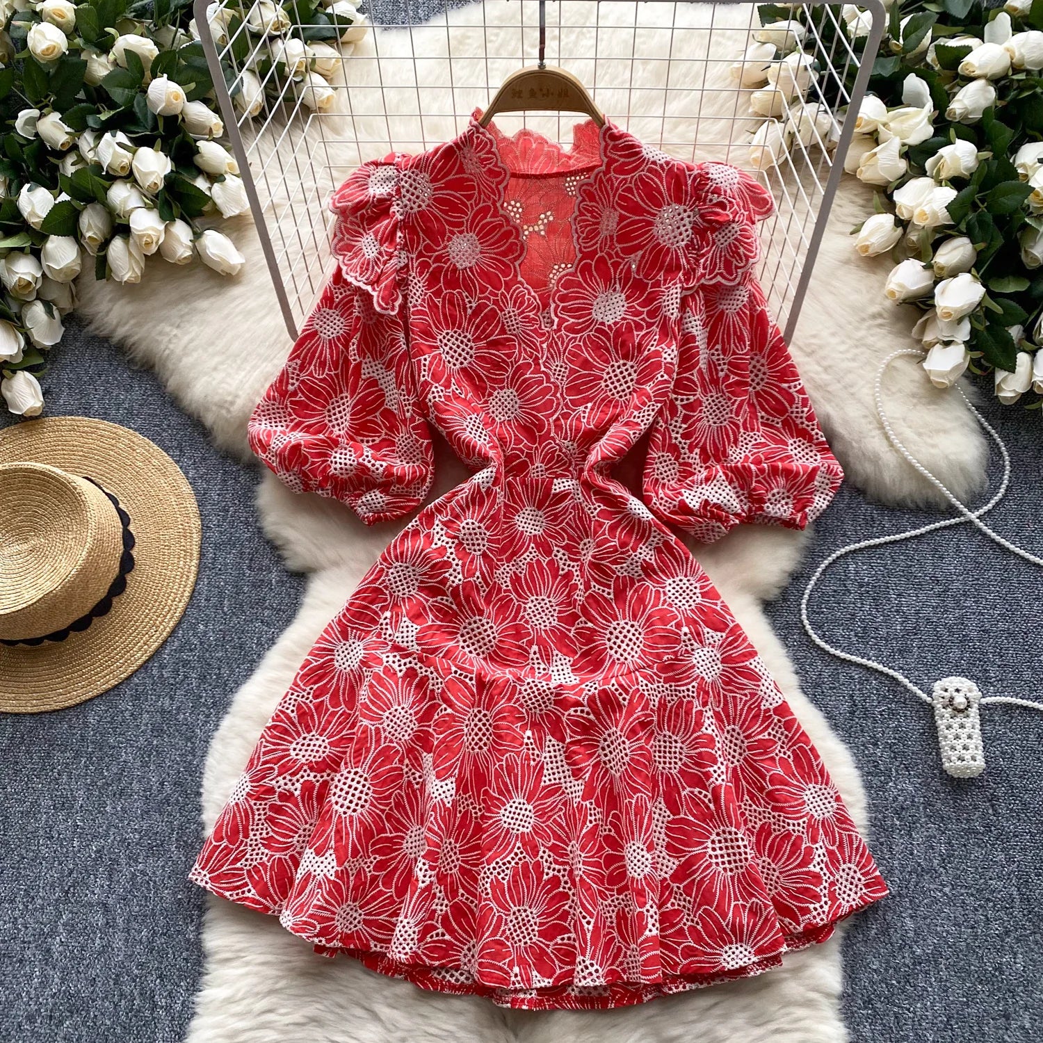 Floral Red Dress With Puff Sleeves Design on Luulla