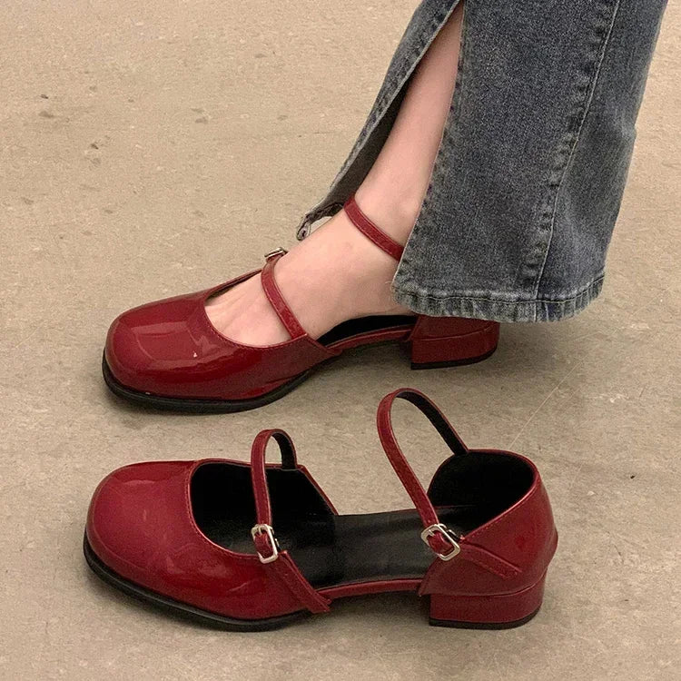 Glossy Red Low Heel Mary Jane Shoes on Luulla