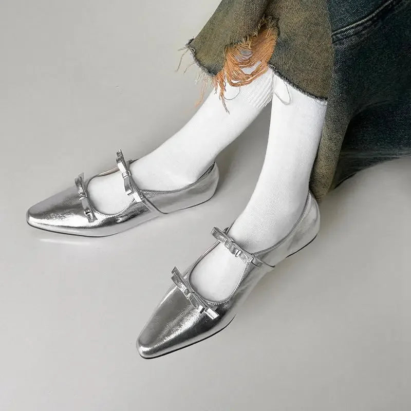 Silver Metallic Ballet Flats With Ankle Strap on Luulla