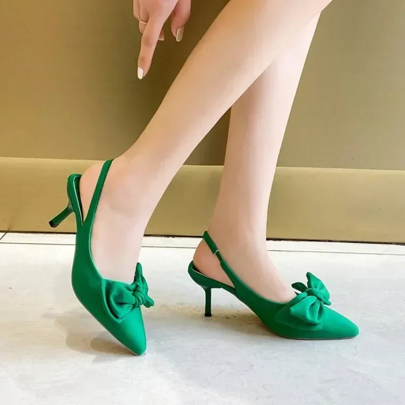 Green Slingback Heels With Bow Accent Detailing on Luulla