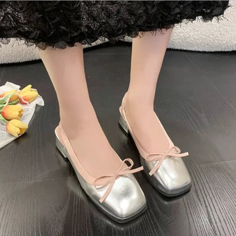 Square Toe Silver Flats With Bow Accent on Luulla