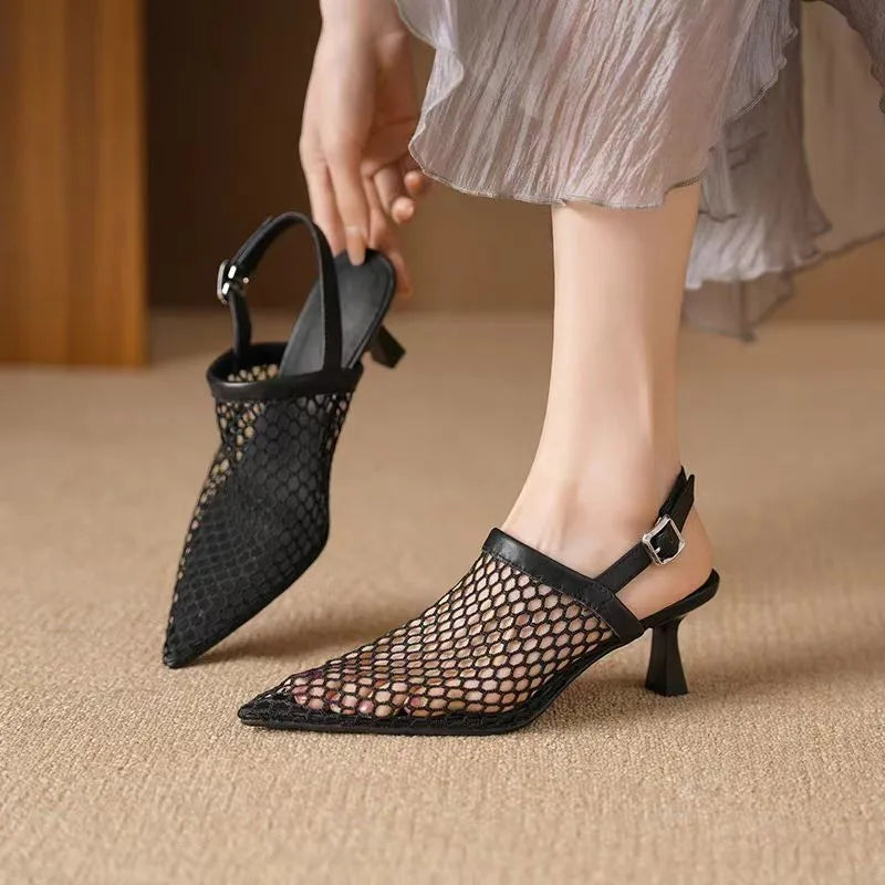 Mesh Slingback Heels With Low Stiletto Design on Luulla