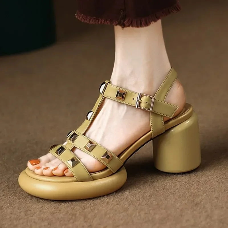 Chunky Heel Studded Leather Strappy Sandals Model on Luulla