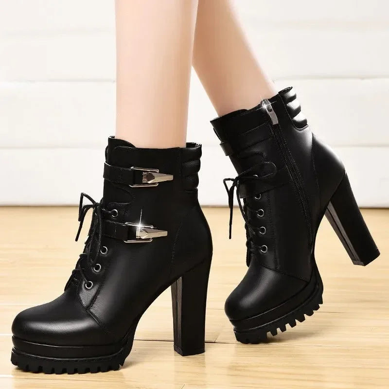 Black High-heel Boots With Straps And Zipper on Luulla