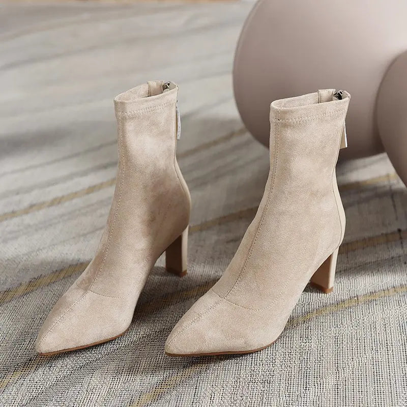 Beige Suede Ankle Boots With Block Heels on Luulla